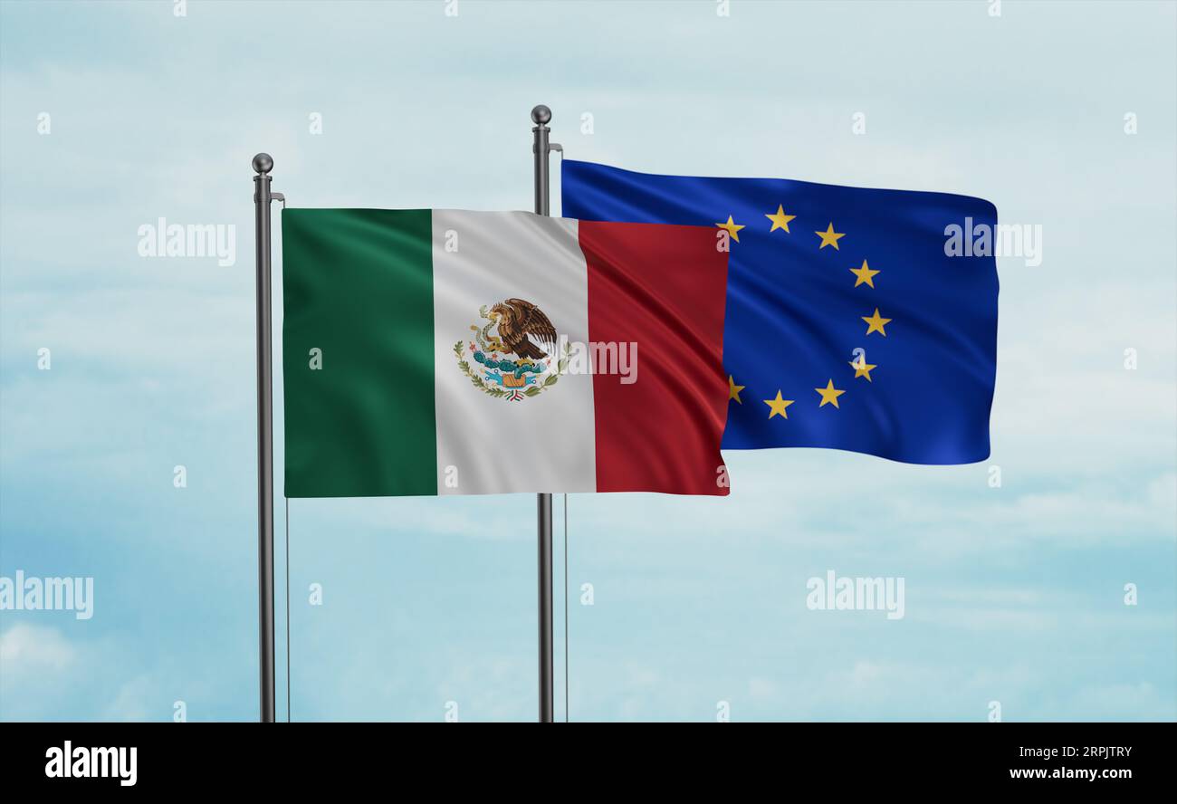 European Union and Mexico flag waving together in the wind on blue sky ...