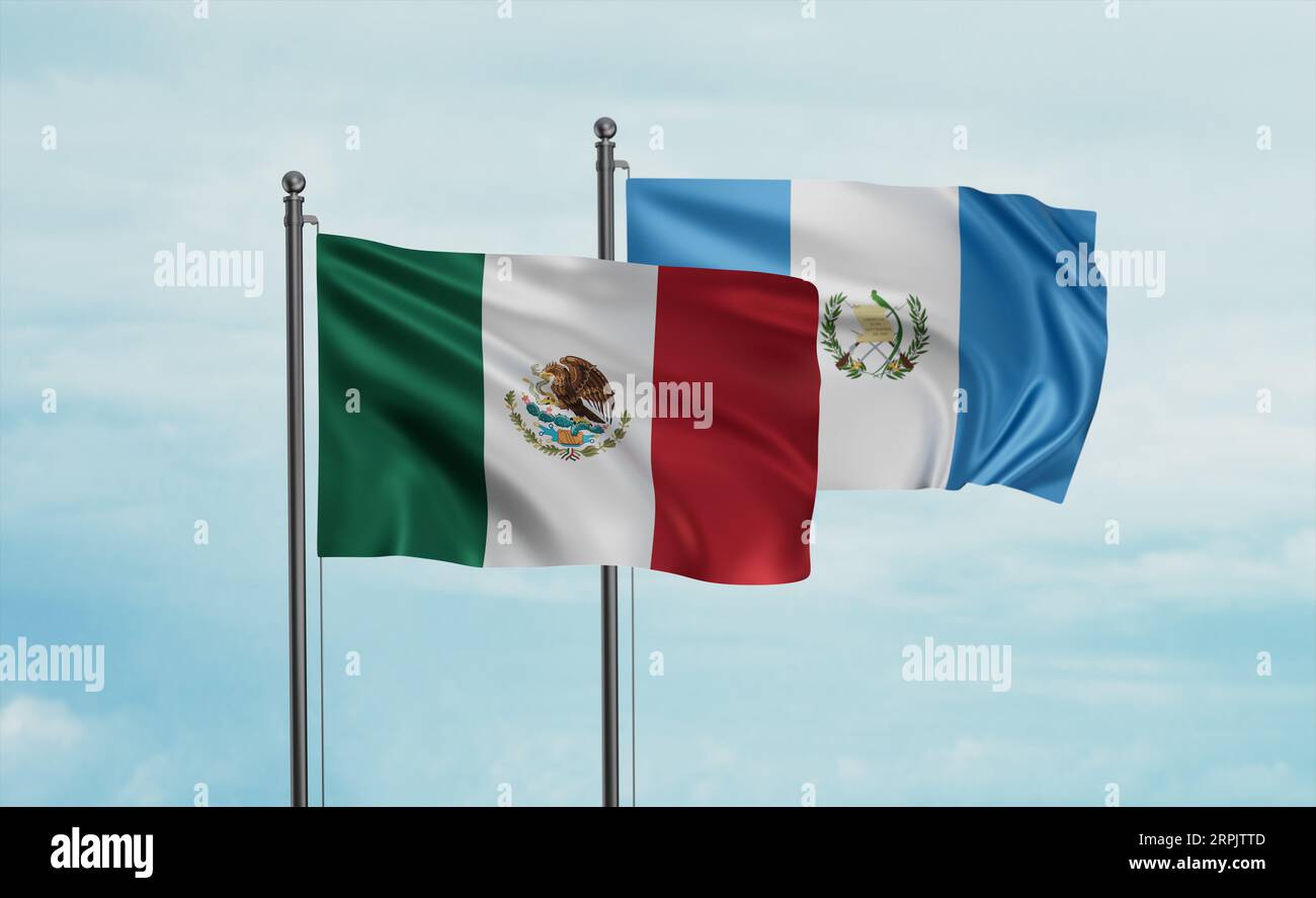 Guatemala flag and Mexico flag waving together on blue sky, two country ...