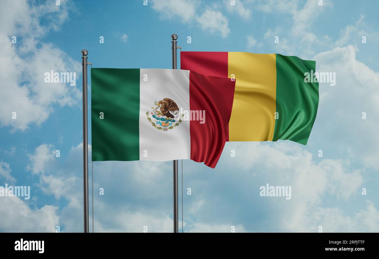 Republic of Guinea flag and Mexico flag waving together on blue sky ...