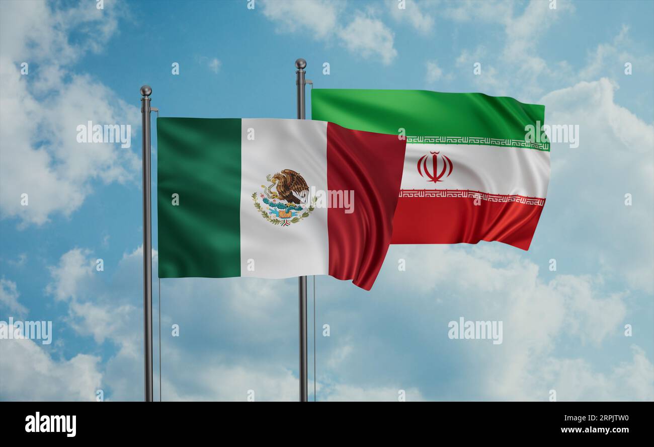 Iran flag and Mexico flag waving together on blue sky Stock Photo - Alamy