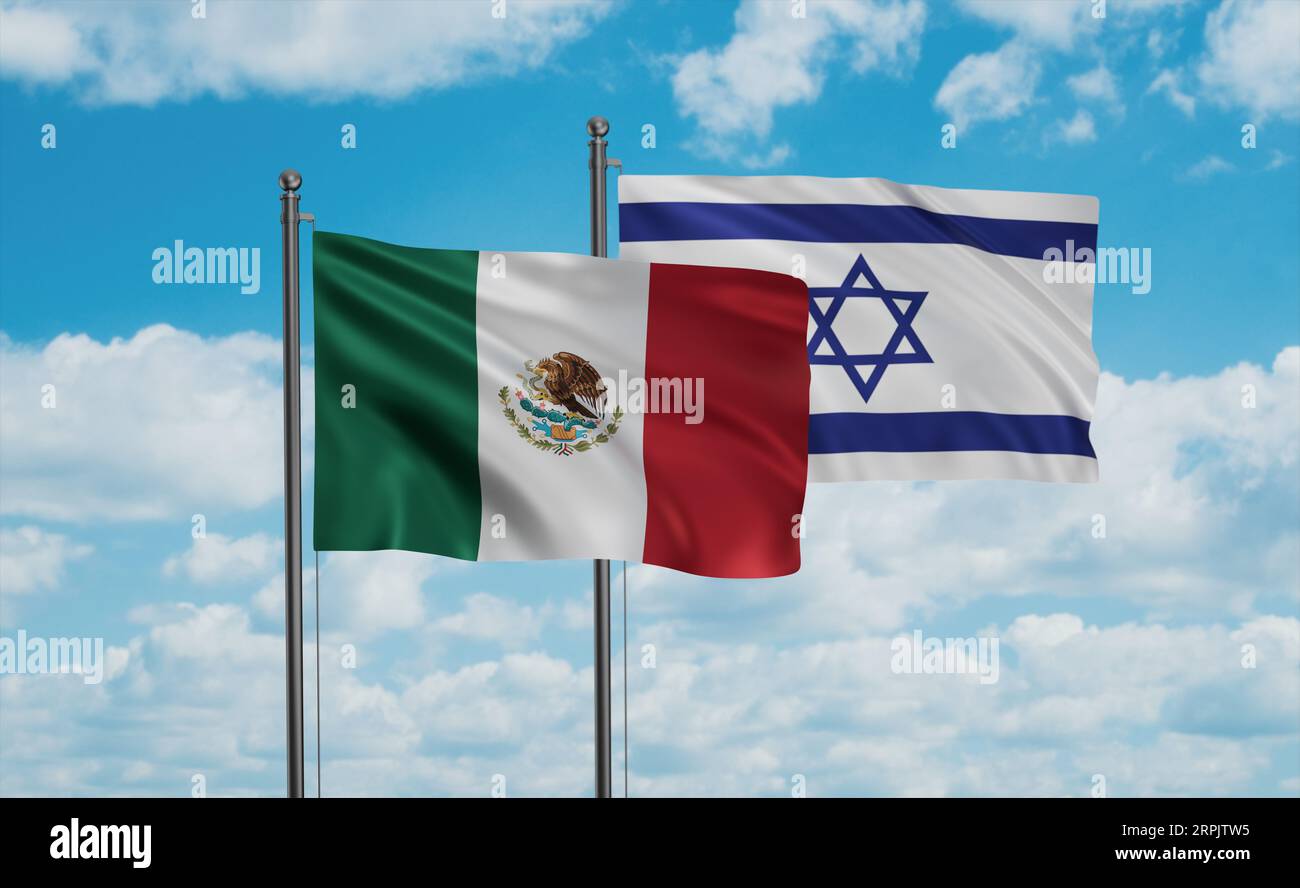 Israel flag and Mexico flag waving together on blue sky, two country ...