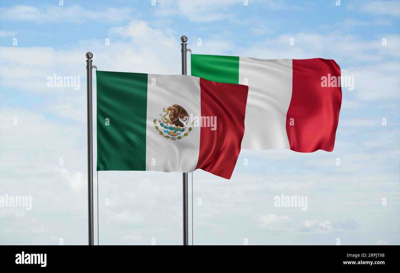 Italy and Mexico flag waving together in the wind on blue sky, two ...