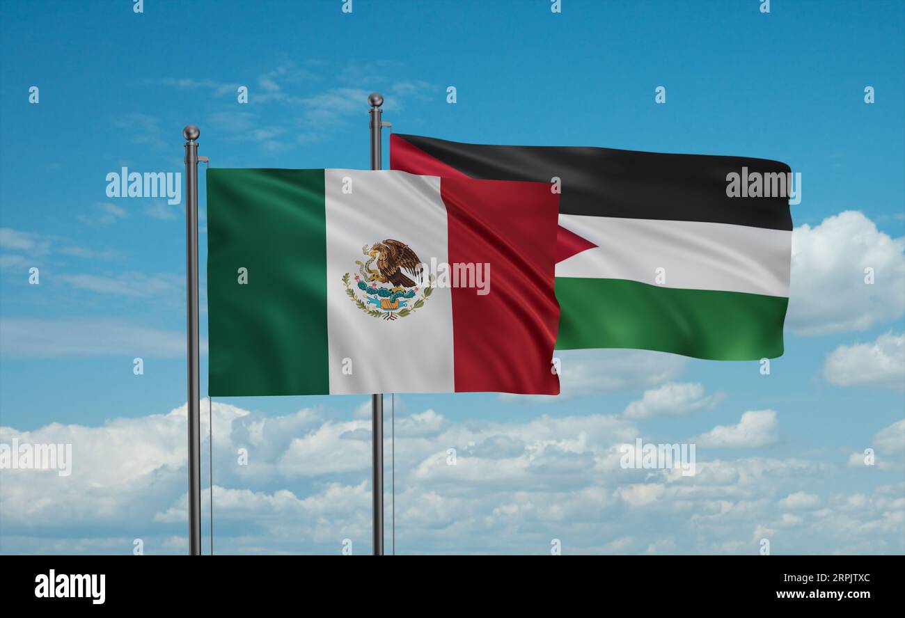 Jordan and Mexico flag waving together in the wind on blue sky, two ...