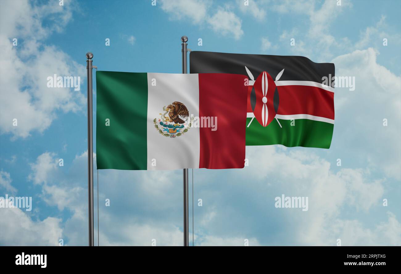 Kenya flag and Mexico flag waving together on blue sky, two country ...