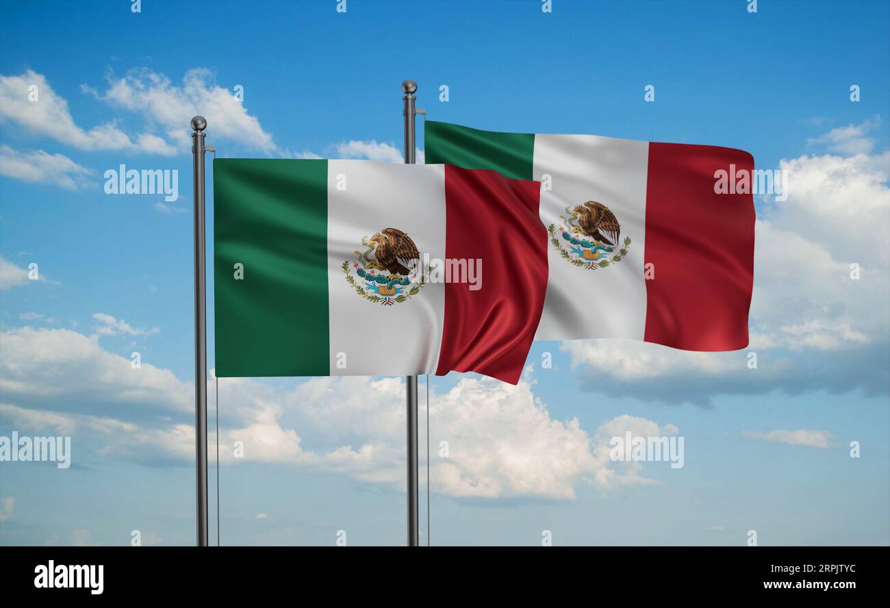 Two Mexico flags waving together on blue sky, two country cooperation ...