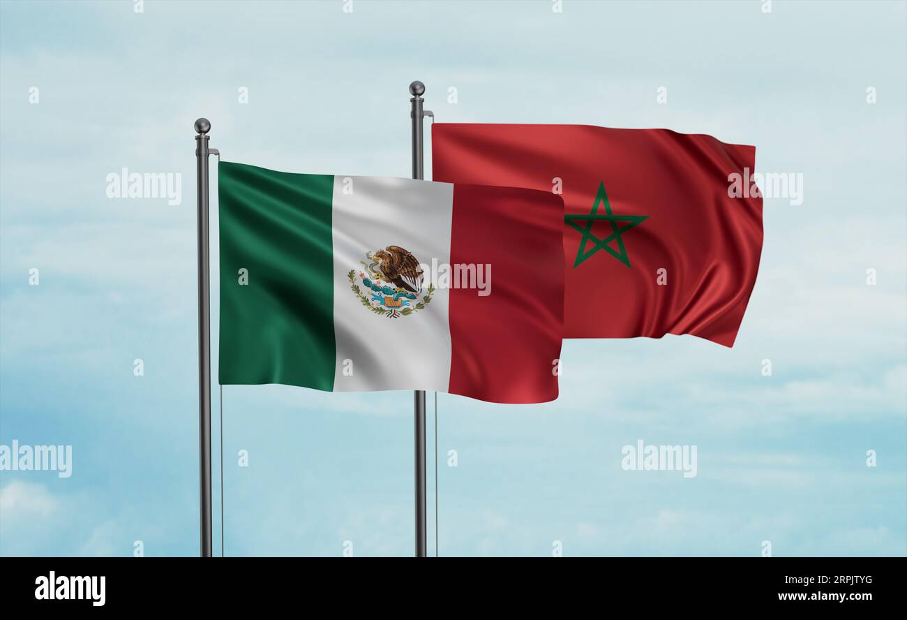 Morocco flag and Mexico flag waving together on blue sky, two country ...