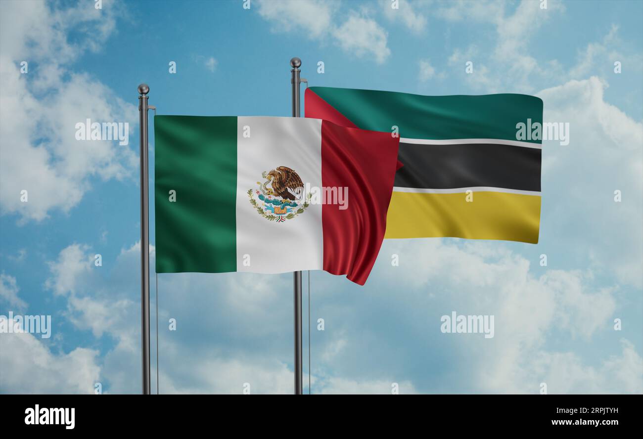 Namibia and Mexico flag waving together in the wind on blue sky, two ...