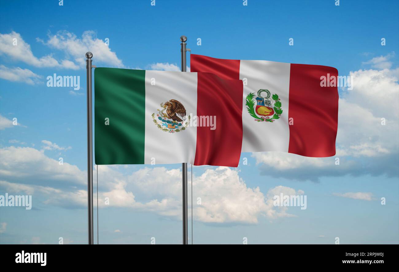 Peru and Mexico flag waving together in the wind on blue sky, two ...