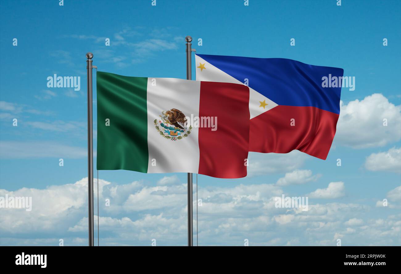 Philippines and Mexico flag waving together in the wind on blue sky ...
