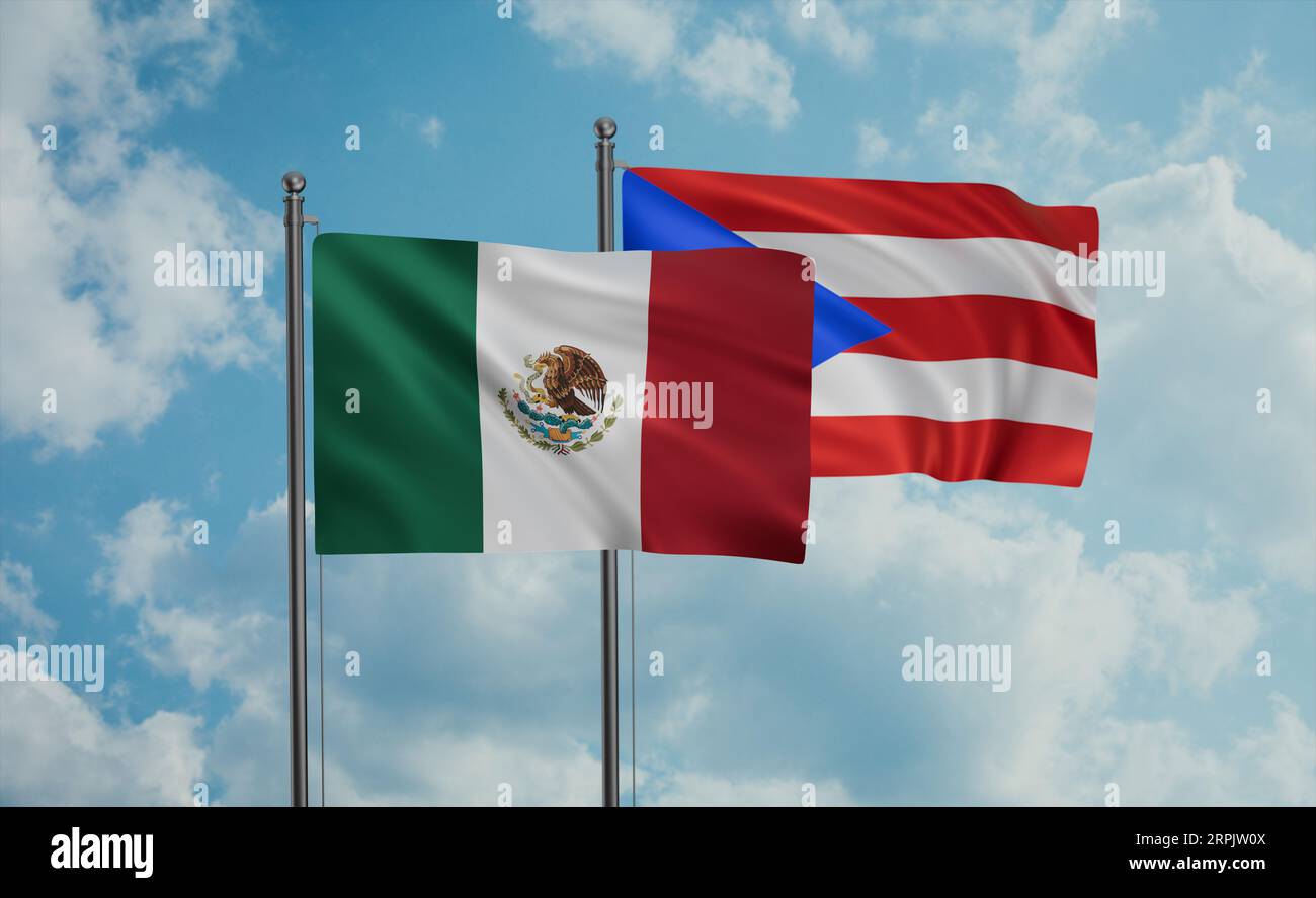 Puerto Rico and Mexico flag waving together in the wind on blue sky ...