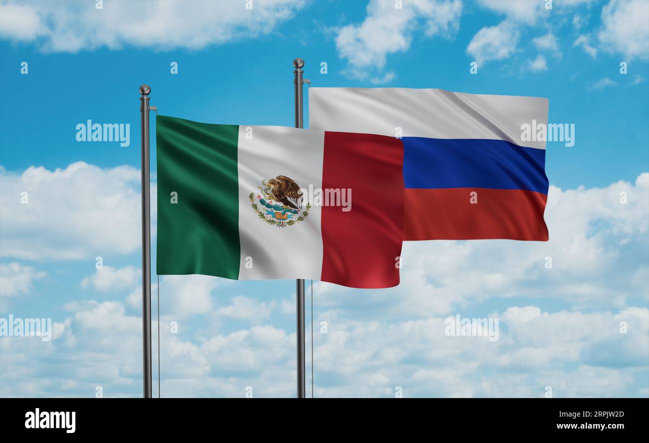 Russian Federation and Mexico flag waving together in the wind on blue ...