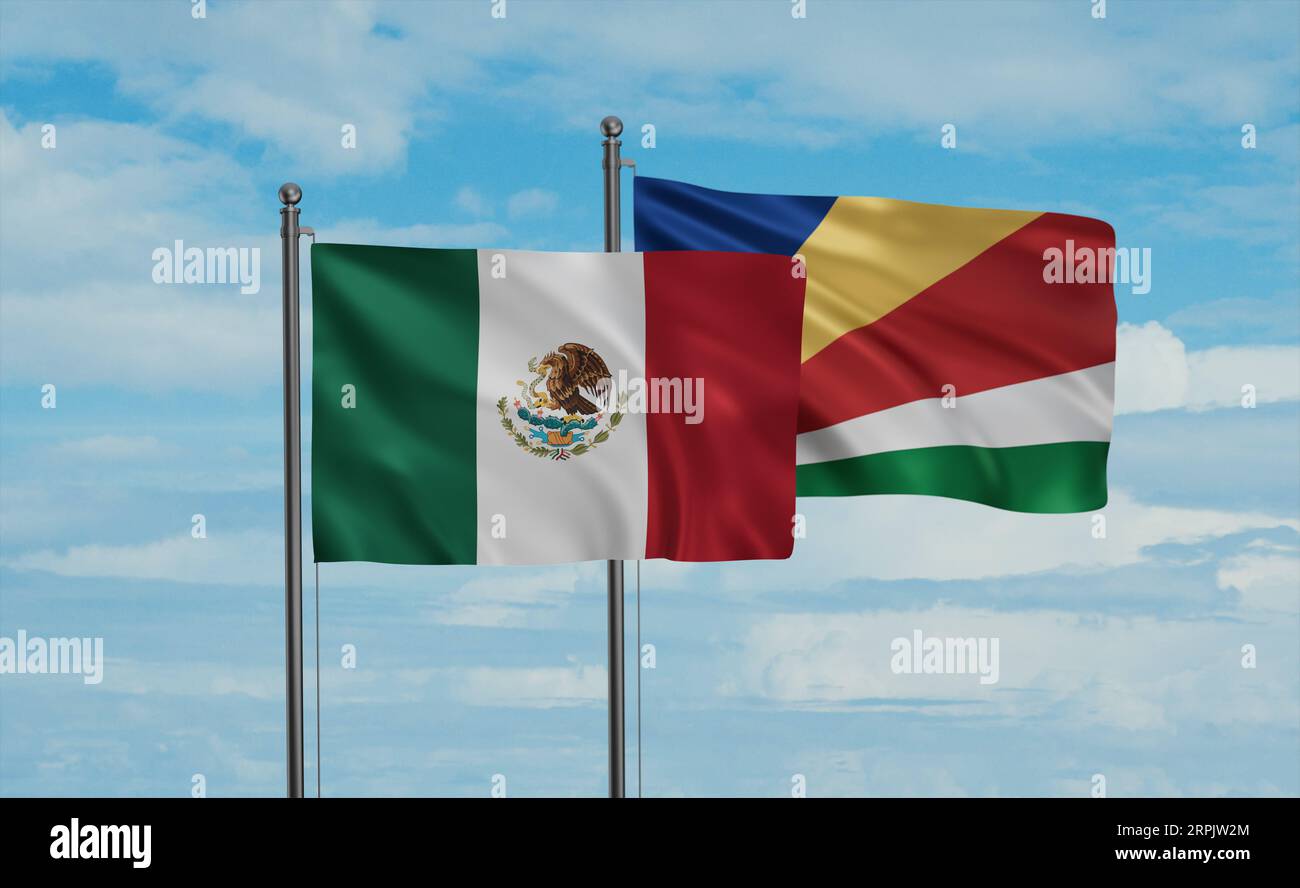 Seychelles and Mexico flag waving together in the wind on blue sky, two ...