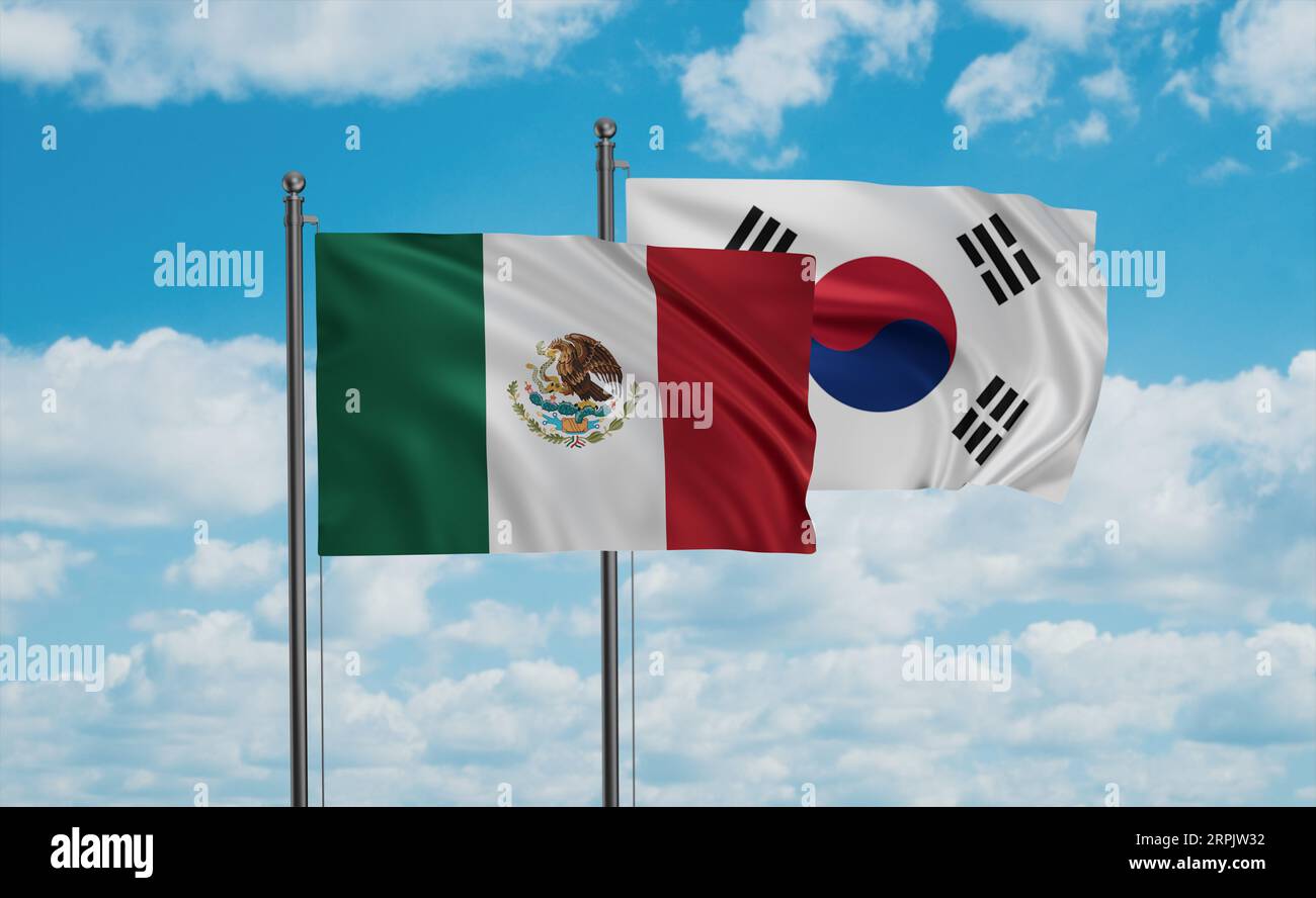 South Korea or Republic of Korea or ROK and Mexico flag waving together ...