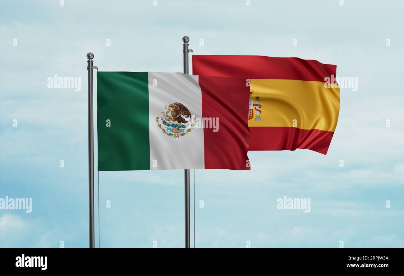 Spain and Mexico flag waving together in the wind on blue sky, two ...