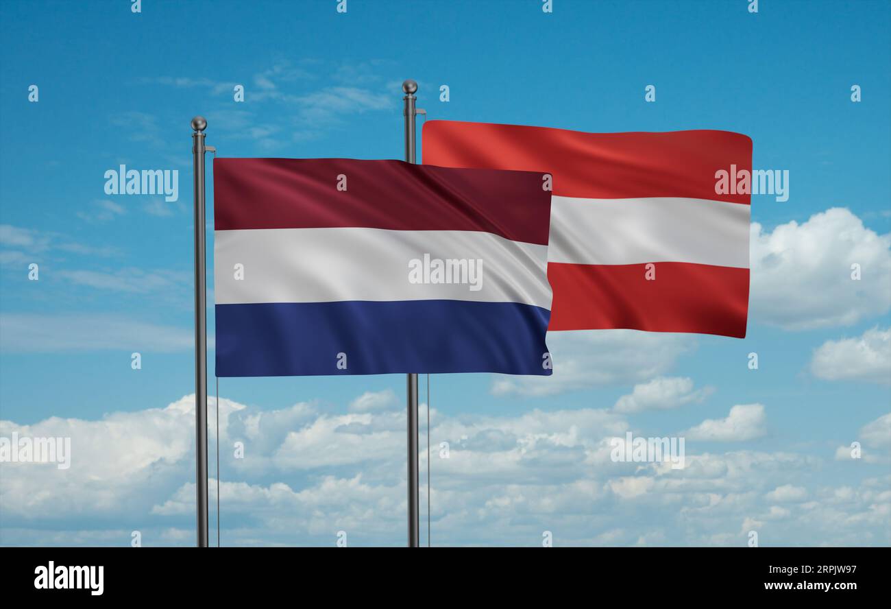 Austria flag and Netherlands flag waving together on blue sky, two ...
