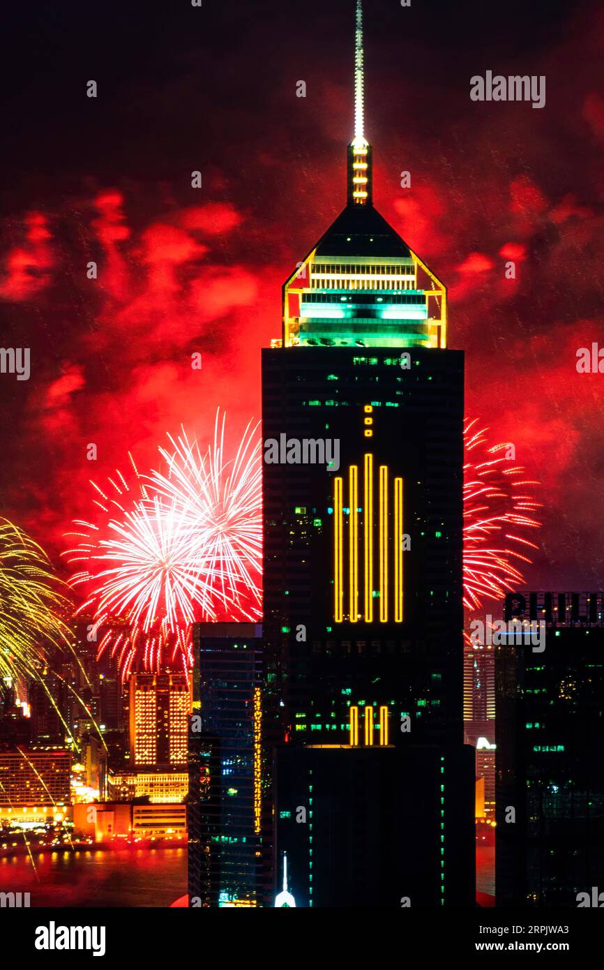 Fireworks display over city skyline and harbour for Chinese National ...