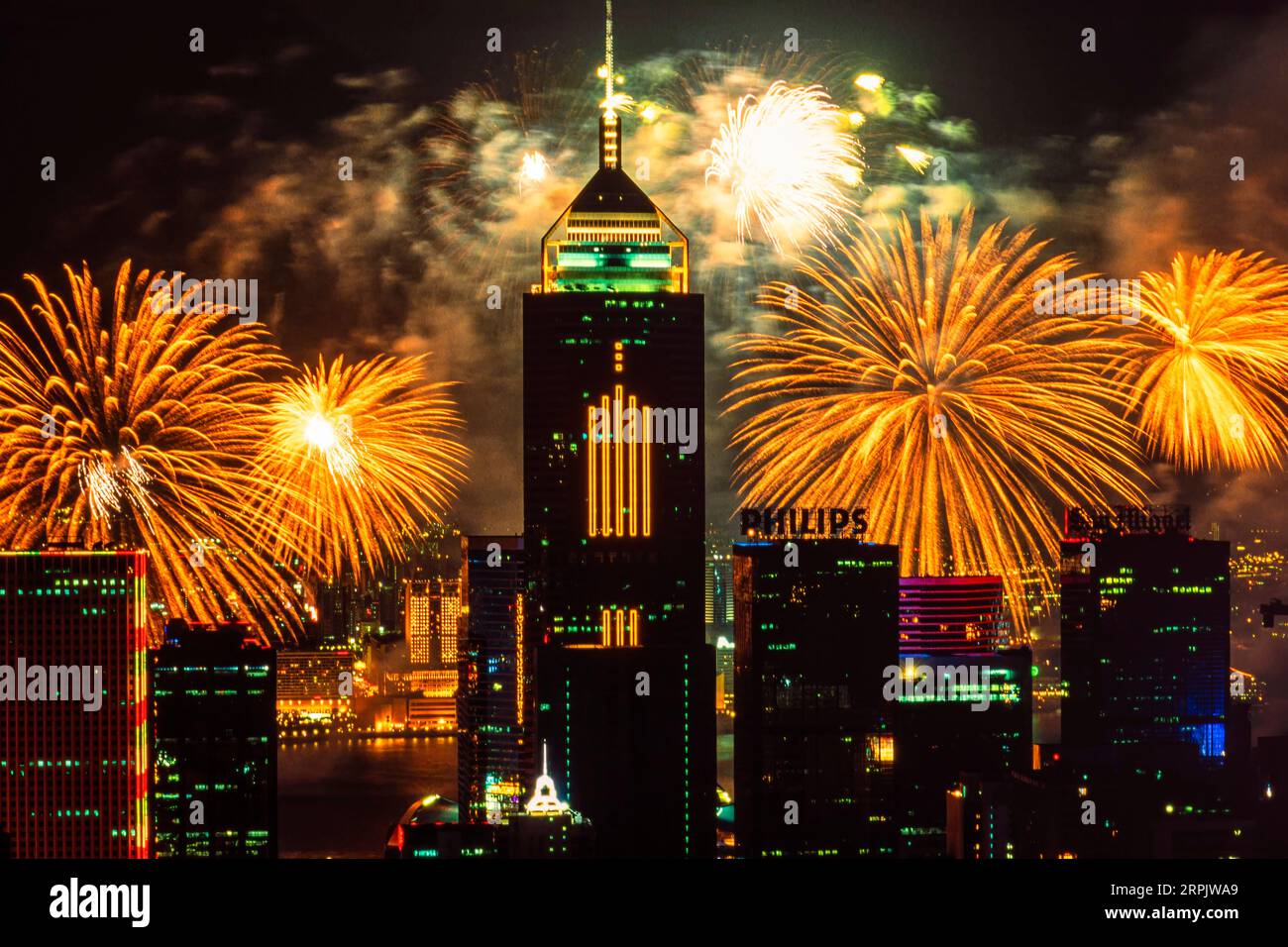 Fireworks display over city skyline and harbour for Chinese National ...
