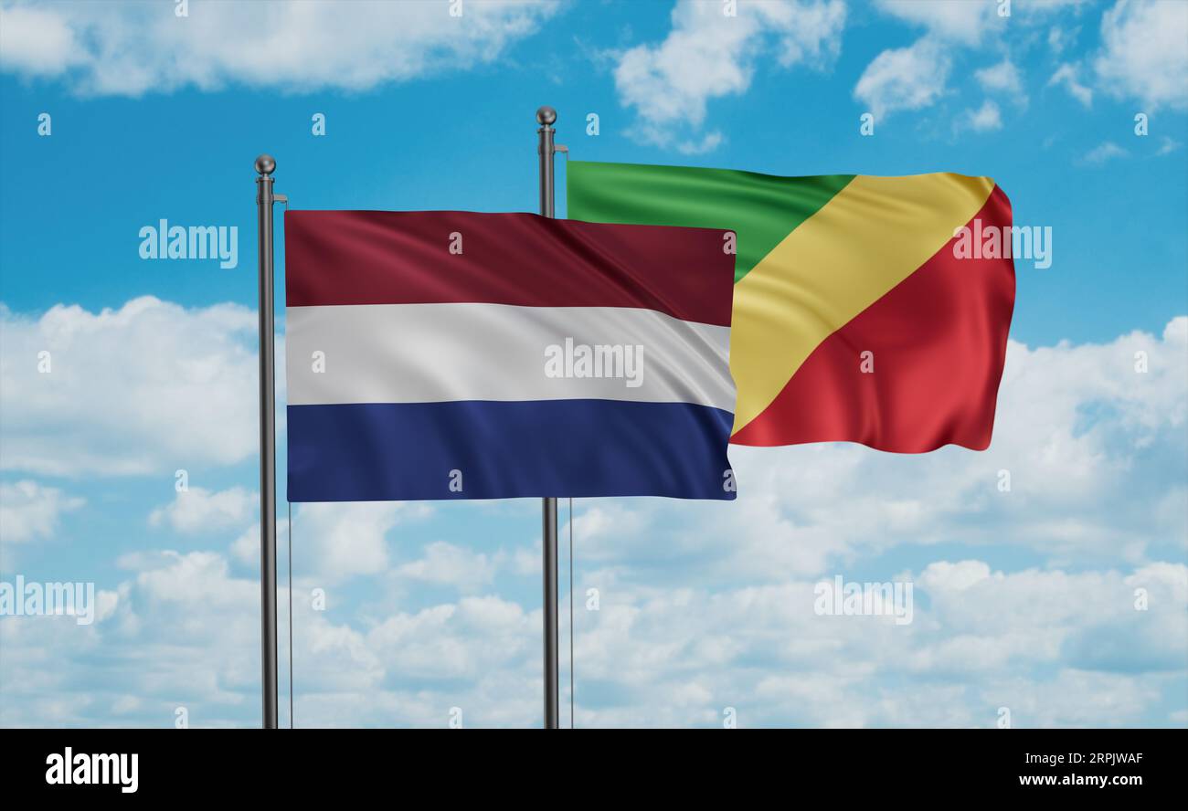 Republic of the Congo or Congo-Brazzaville and Netherlands flag waving ...