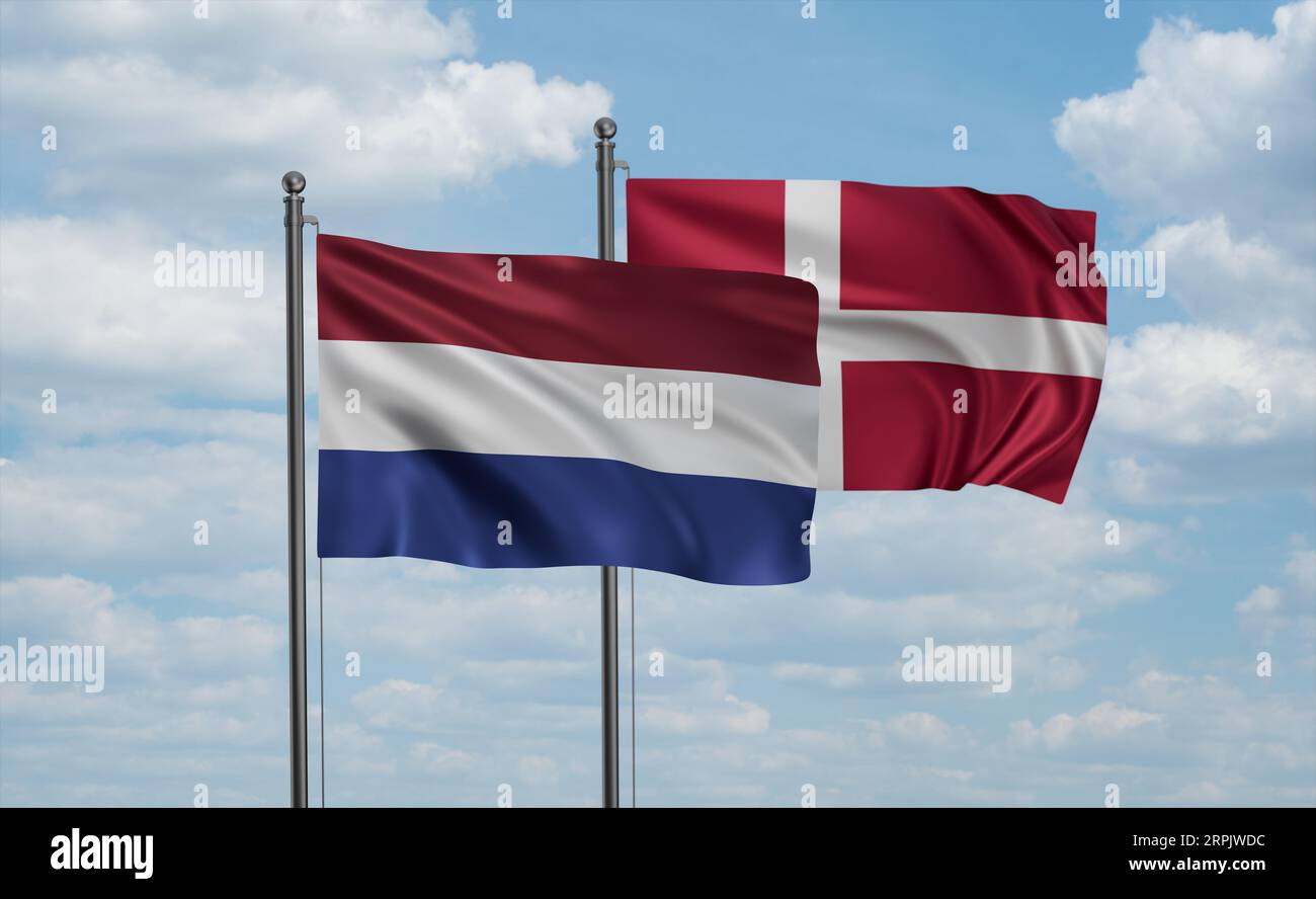 Denmark flag and Netherlands flag waving together on blue sky, two ...