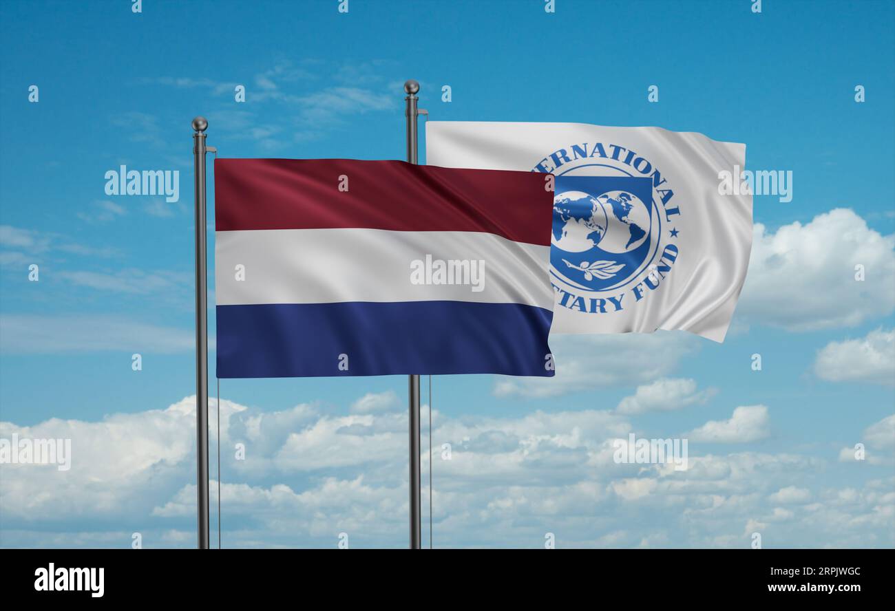 IMF International Monetary Fund flag and Netherlands flag waving ...