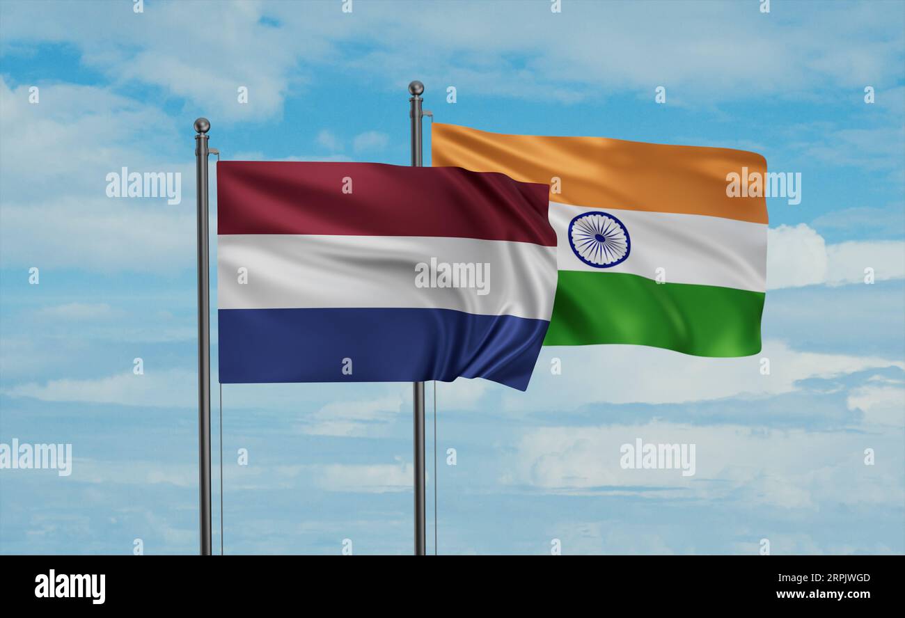 India flag and Netherlands flag waving together on blue sky, two ...