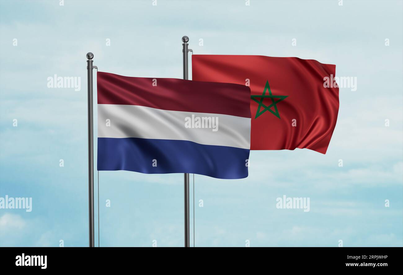 Morocco flag and Netherlands flag waving together on blue sky, two ...