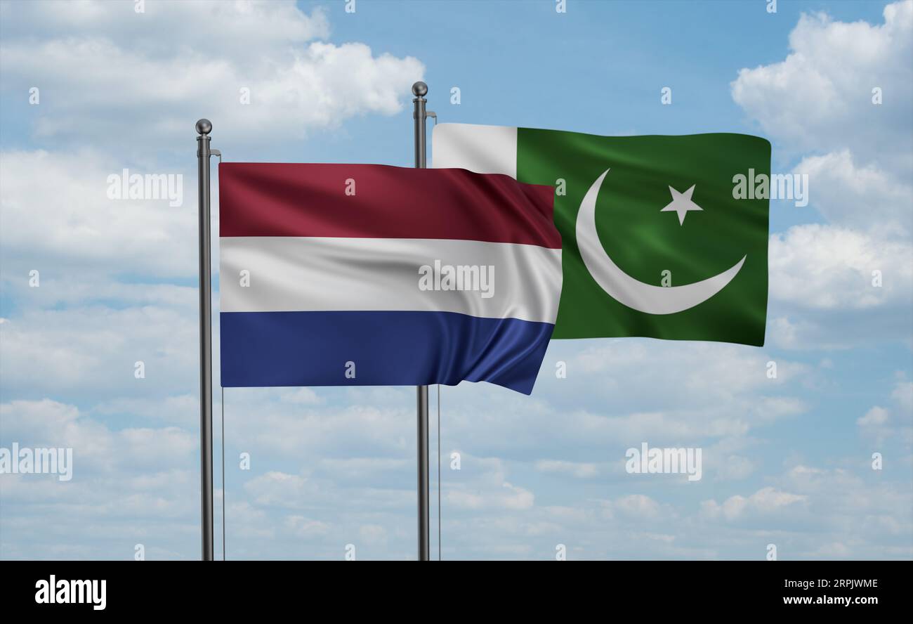 Pakistan flag and Netherlands flag waving together on blue sky, two ...