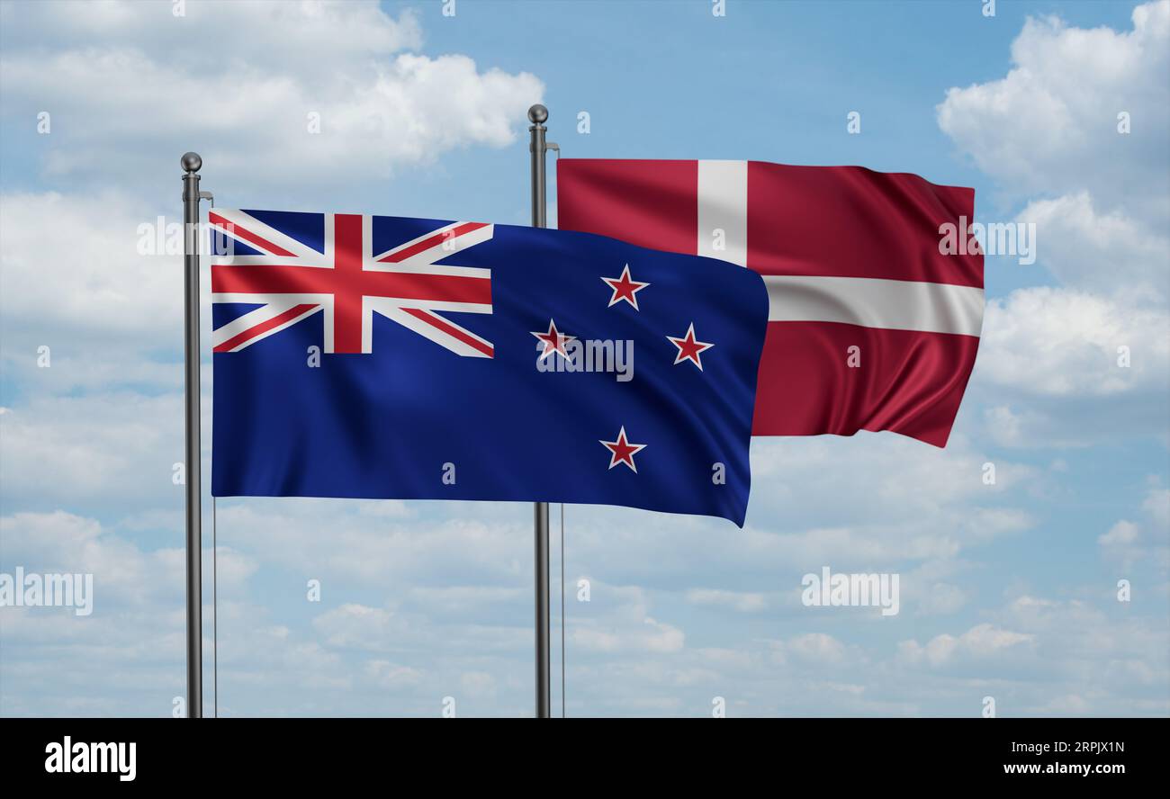 Denmark flag and New Zealand flag waving together on blue sky, two ...