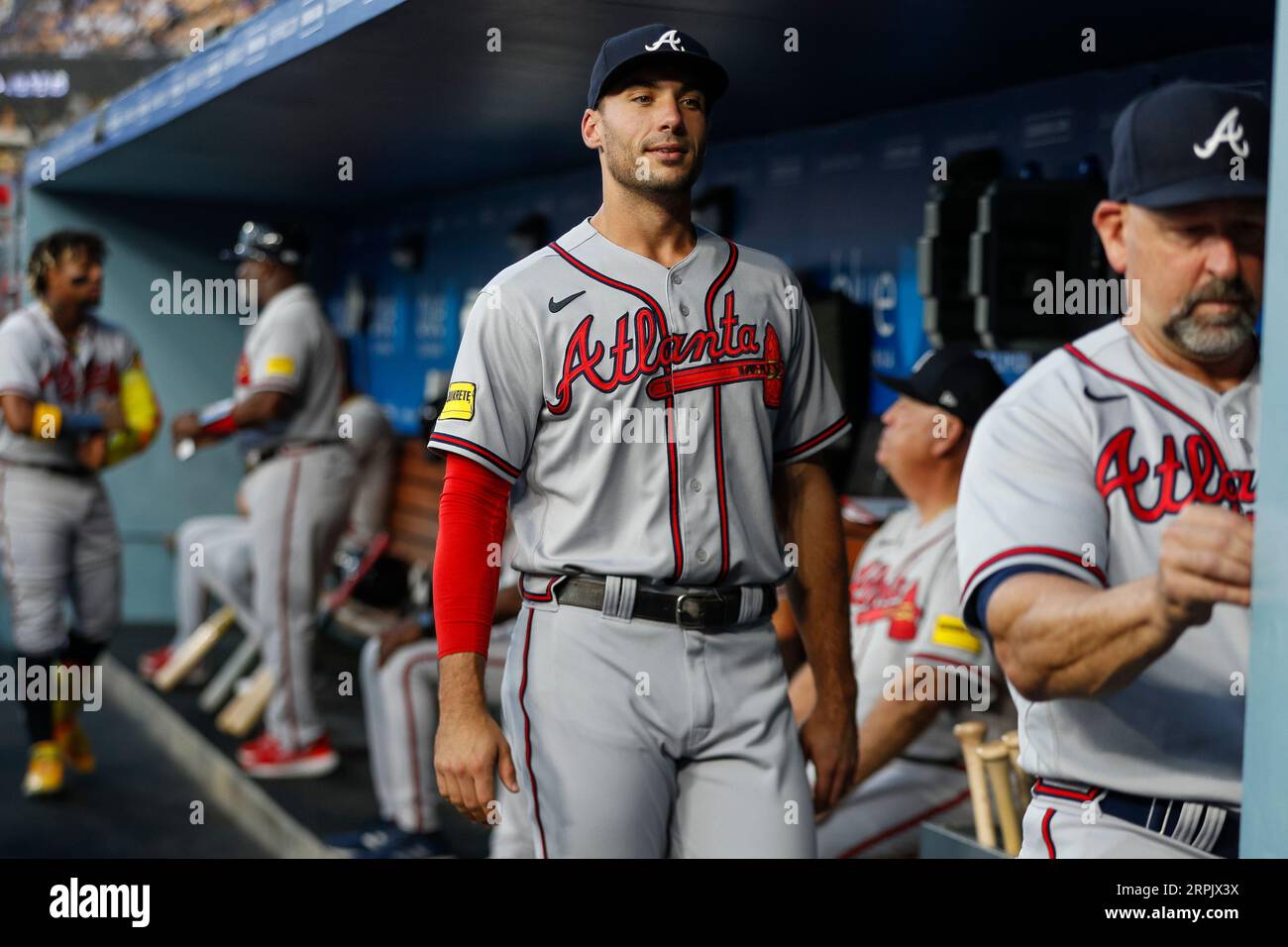 Atlanta Braves first basemen Matt Olson (28) walks in the dugout prior ...