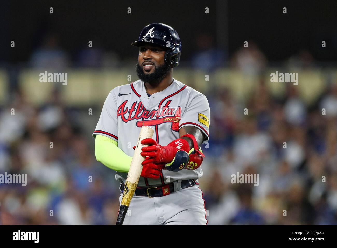 Atlanta Braves designated hitter Marcell Ozuna (20) reacts during a ...