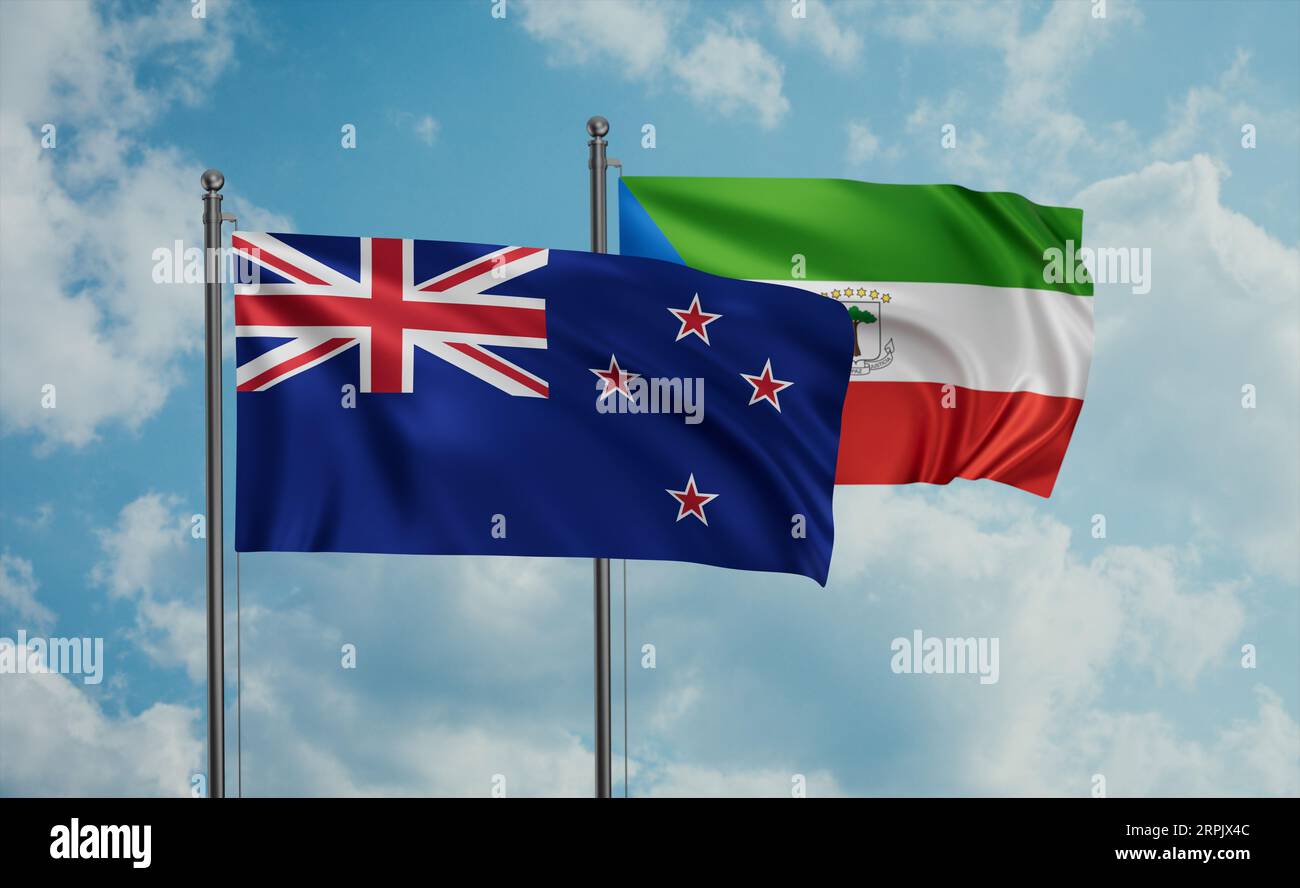 Equatorial Guinea flag and New Zealand flag waving together on blue sky ...