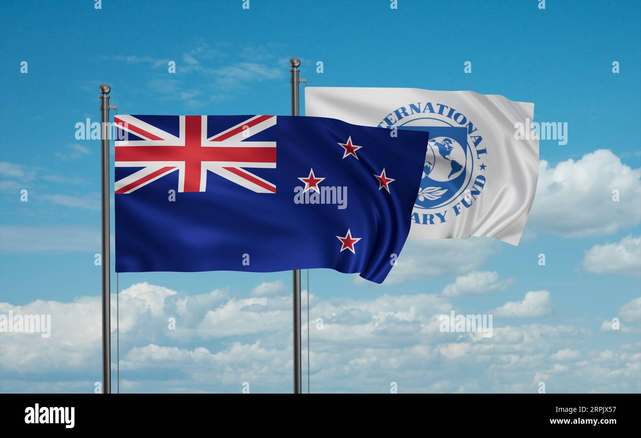 IMF International Monetary Fund flag and New Zealand flag waving ...