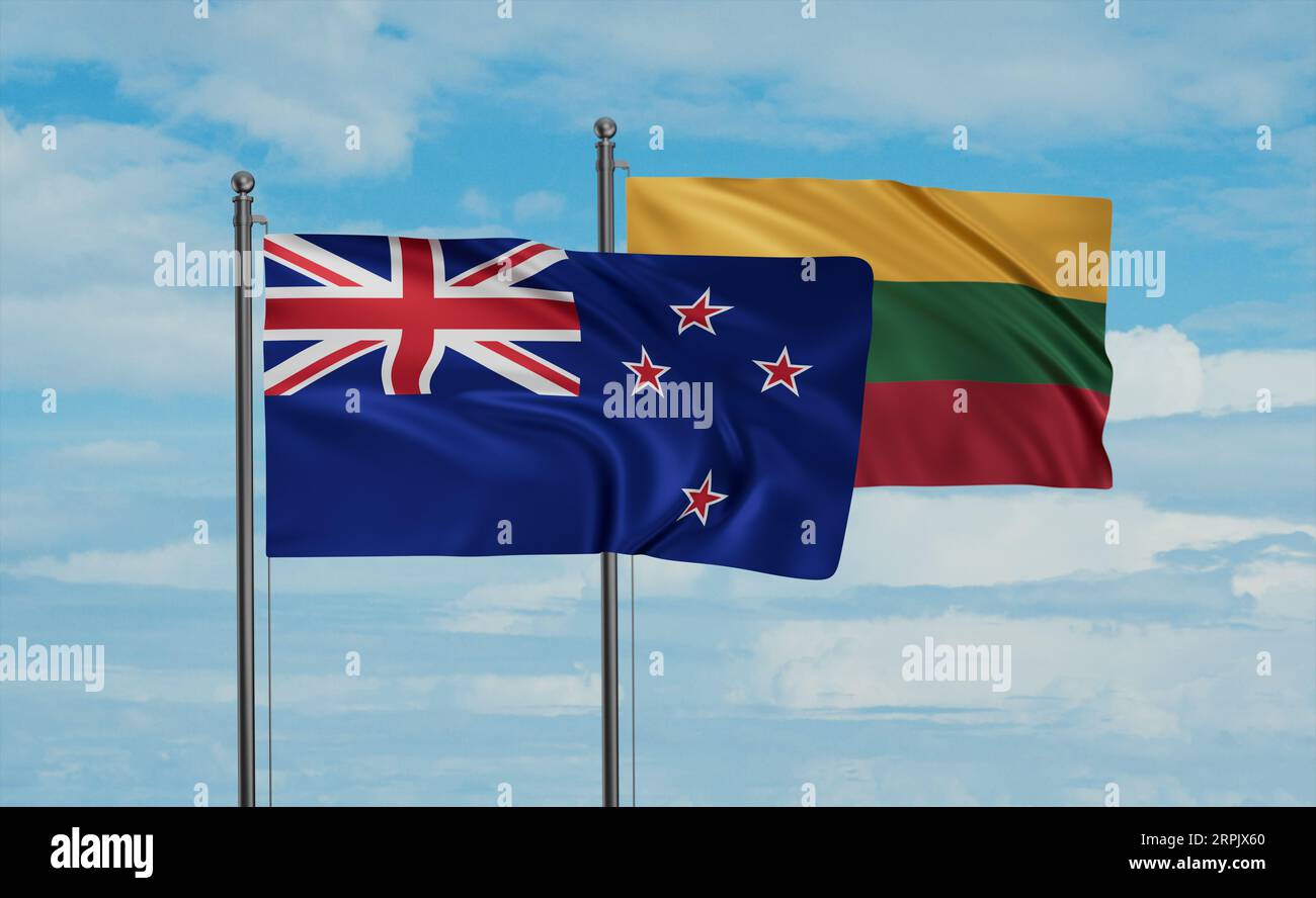 Lithuania flag and New Zealand flag waving together on blue sky, two ...