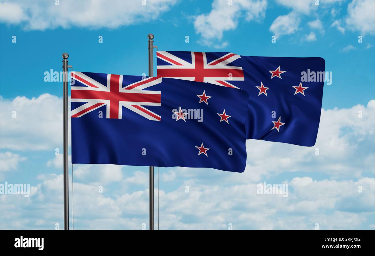 Two New Zealand flags waving together in the wind on blue sky, two ...