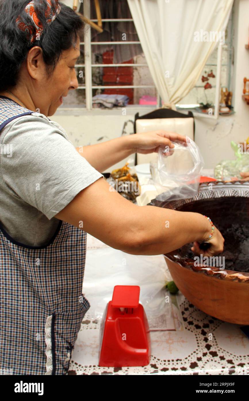 Latin Mexican adult woman prepares packages of freshly made red mole in ...
