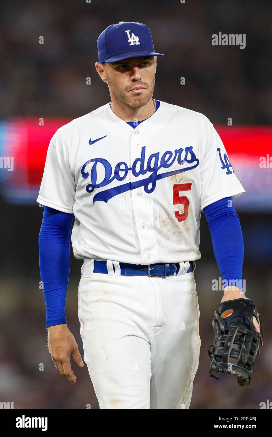 Los Angeles Dodgers first basemen Freddie Freeman (5) looks on during a ...