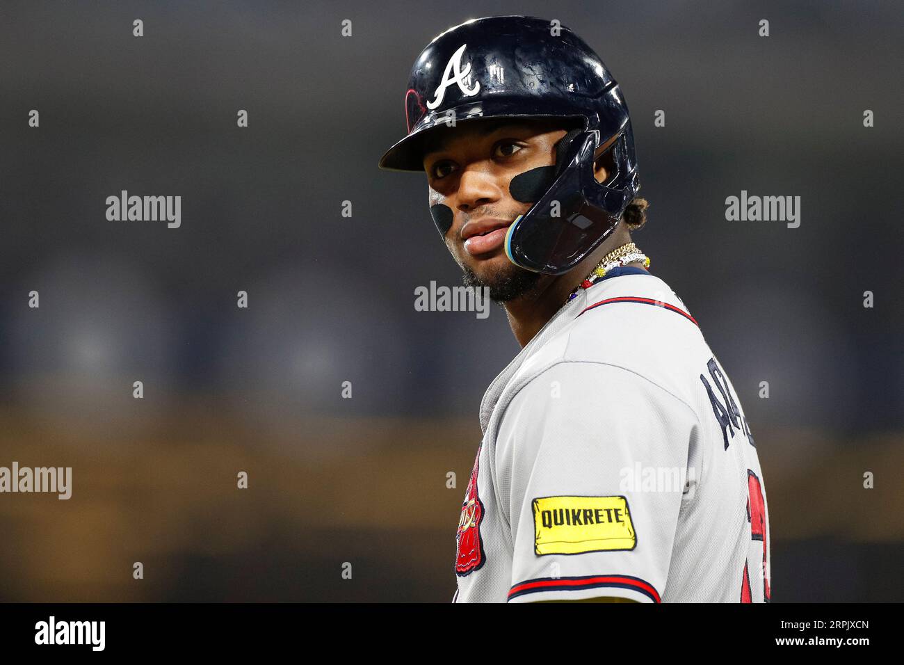 Atlanta Braves right fielder Ronald Acuna Jr. (13) looks on during a ...