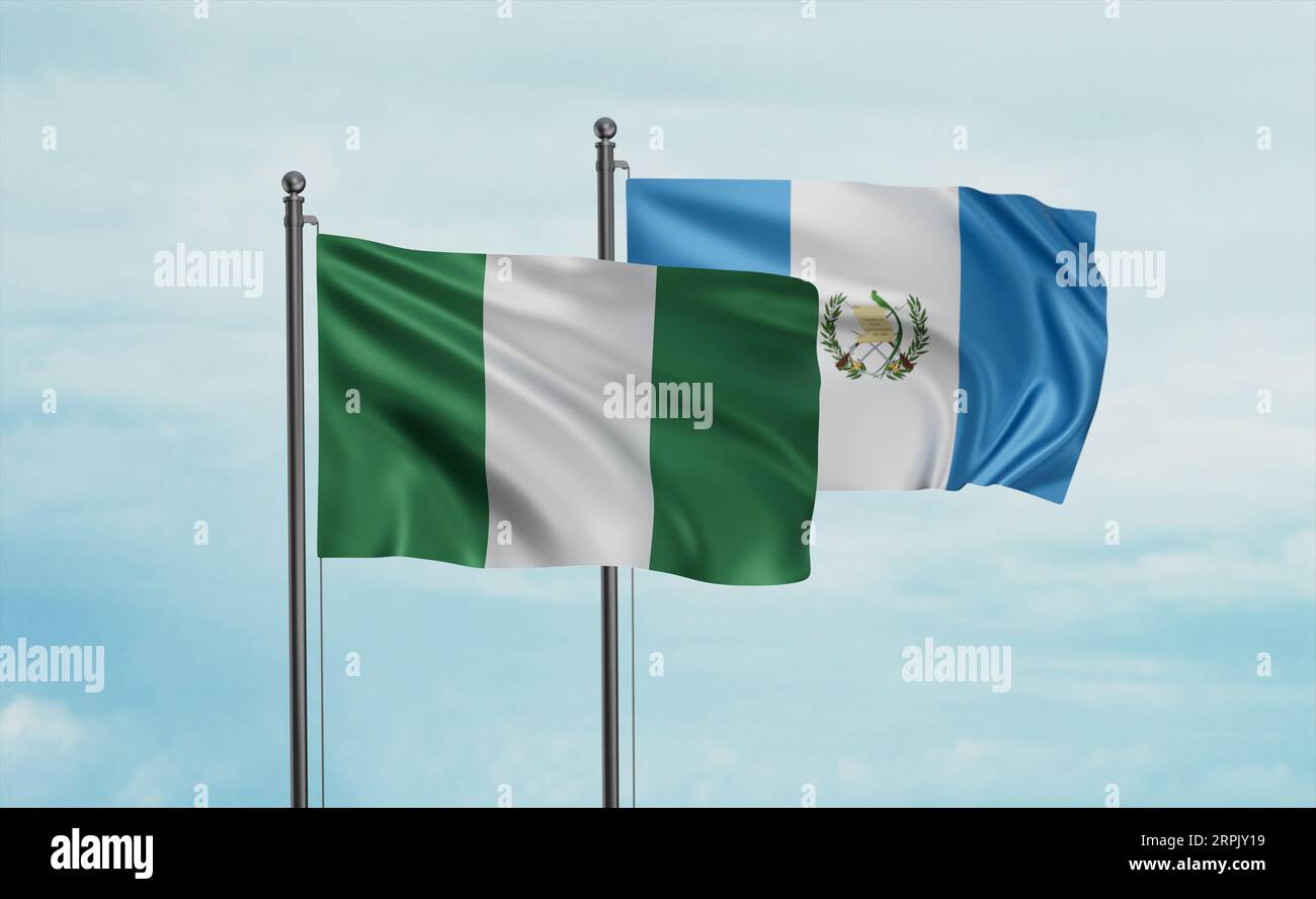 Guatemala flag and Nigeria flag waving together on blue sky, two ...