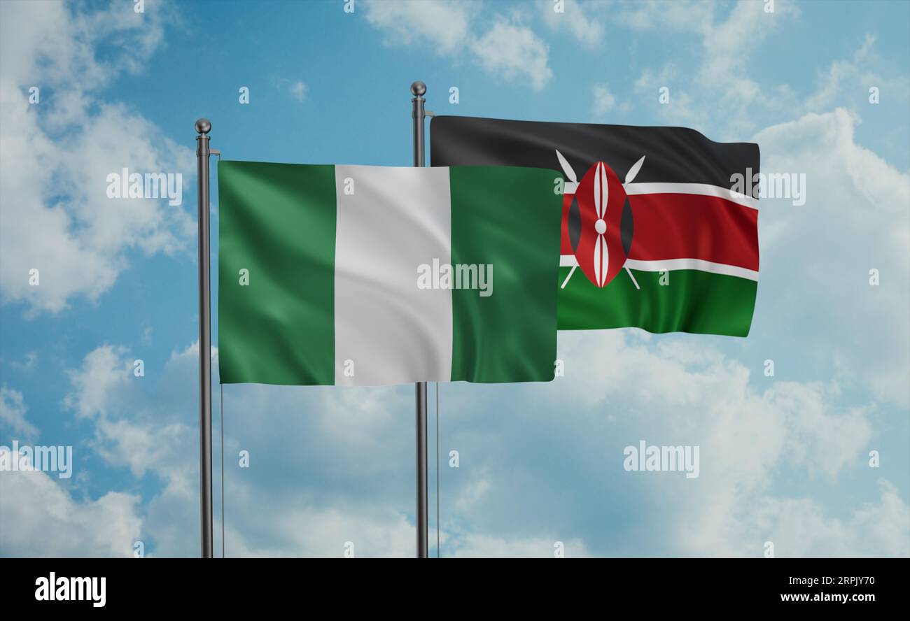 Kenya flag and Nigeria flag waving together on blue sky, two country ...