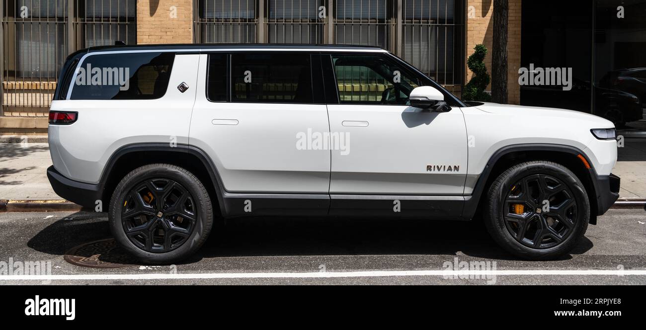 New York City, USA - August 06, 2023: Rivian R1S SUV white electric car ...