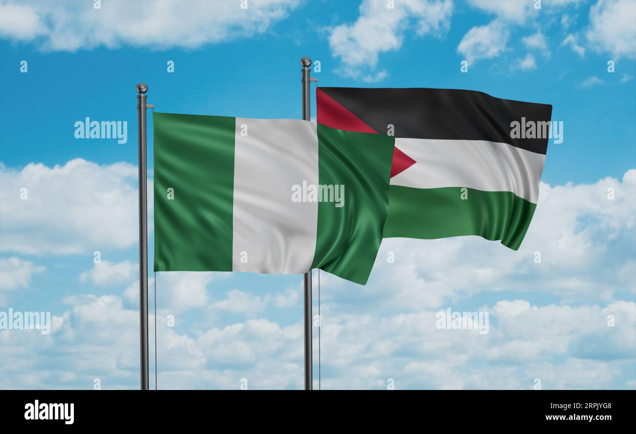 Palestine and Gaza Strip flag and Nigeria flag waving together on blue ...
