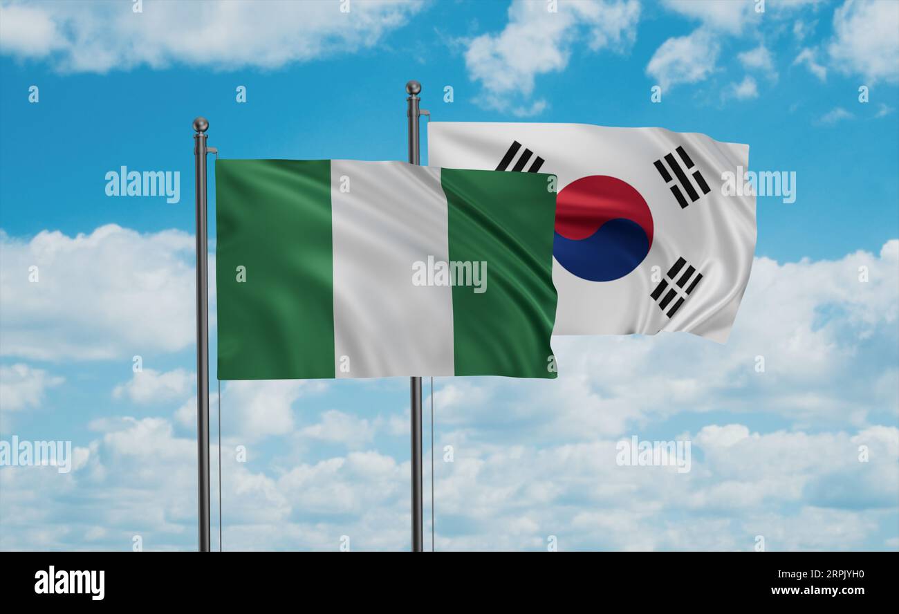 South Korea or Republic of Korea or ROK and Nigeria flag waving ...
