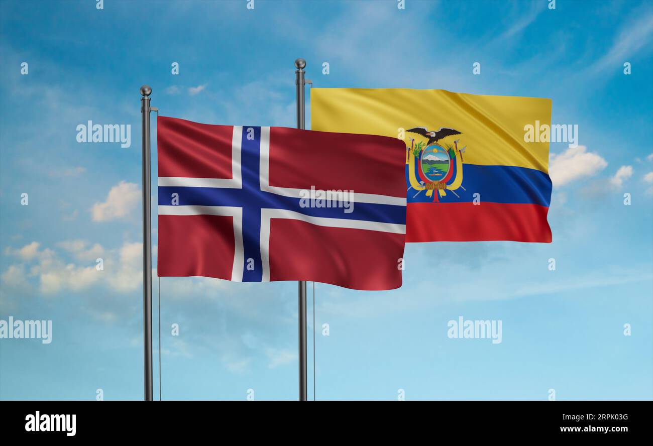 Ecuador flag and Norway flag waving together on blue sky, two country ...