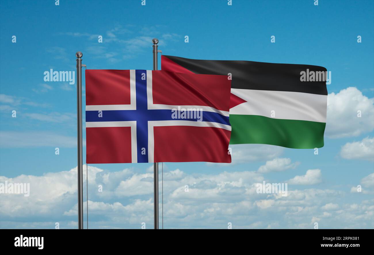 Jordan and Norway flag waving together in the wind on blue sky, two ...
