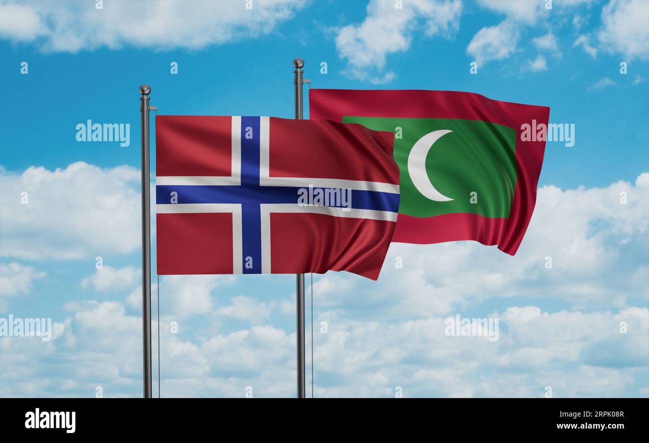 Maldives flag and Norway flag waving together on blue sky, two country ...