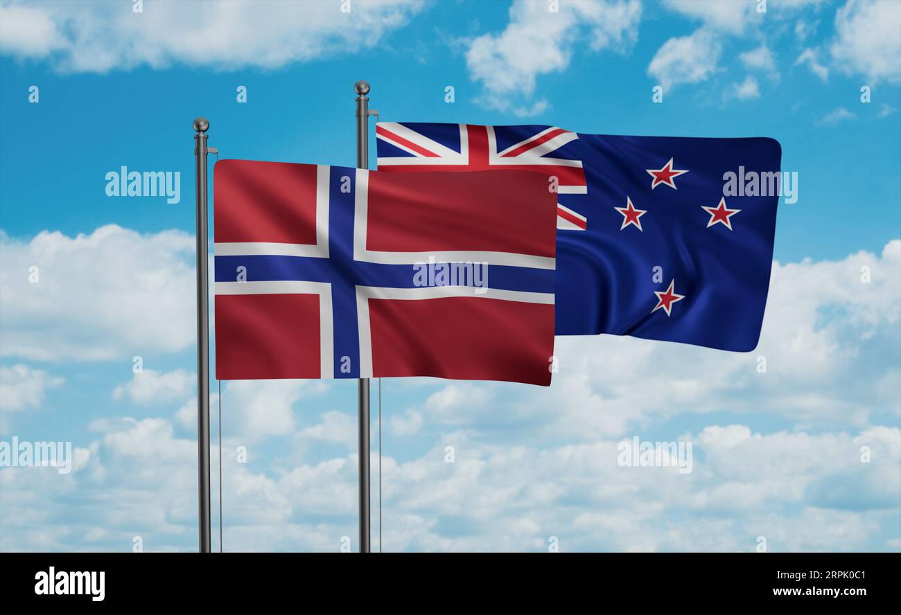 New Zealand and Norway flag waving together in the wind on blue sky ...