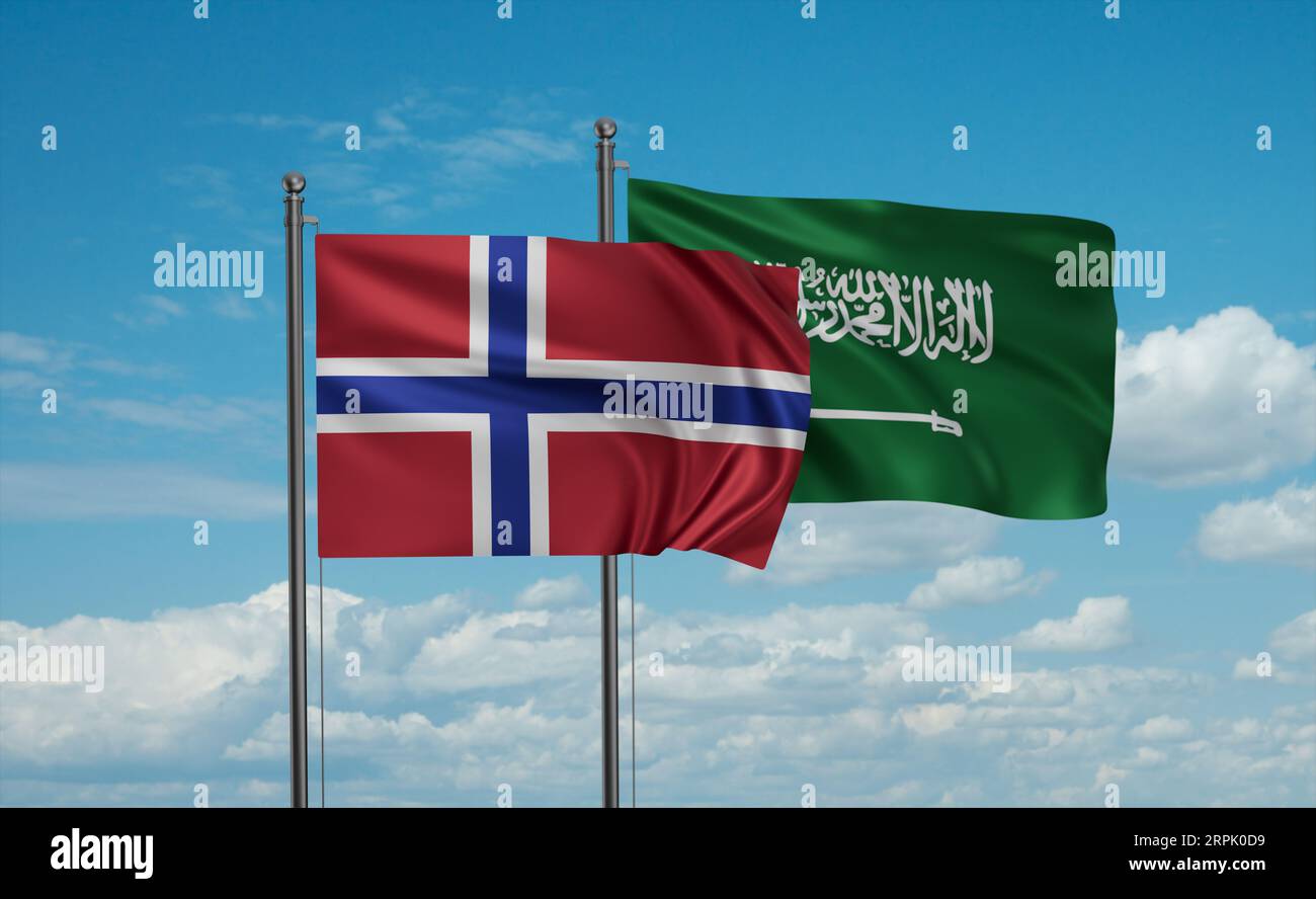 Norway and Saudi Arabia flags waving together in the wind on blue sky ...