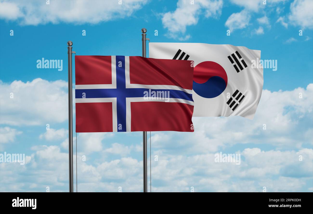 South Korea or Republic of Korea or ROK and Norway flag waving together ...