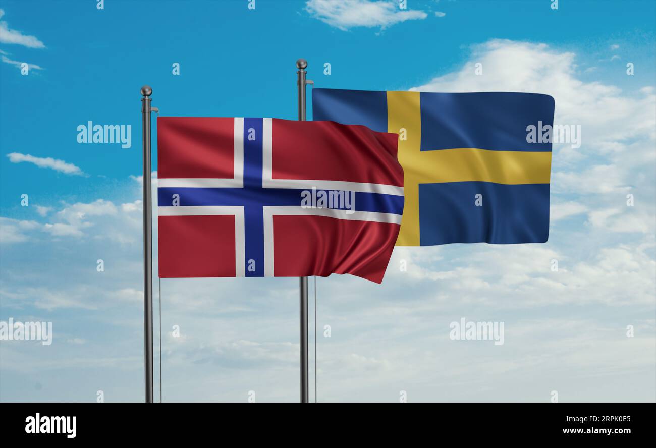 Sweden and Norway flag waving together in the wind on blue sky, two ...