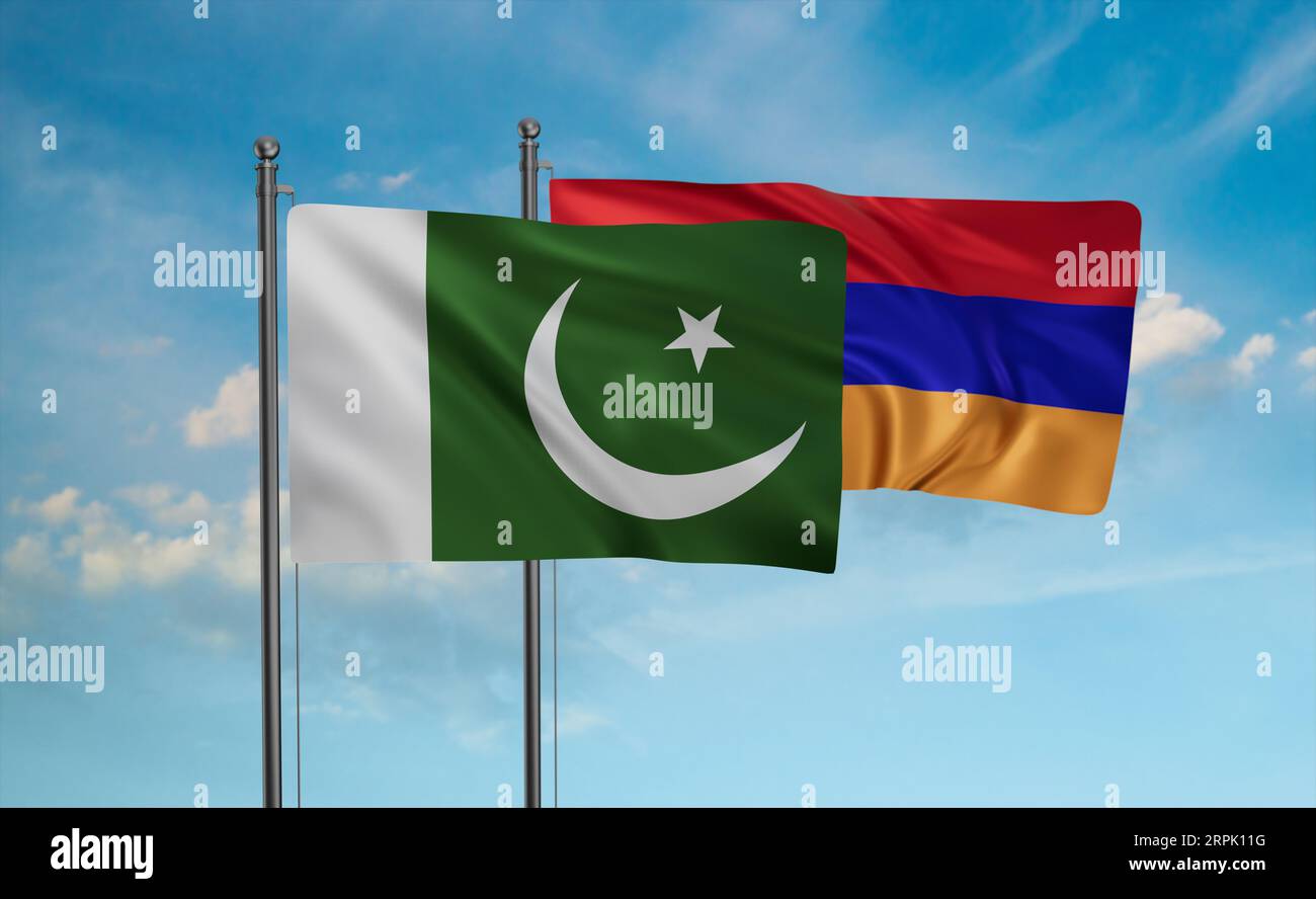 Armenia and Pakistan flag waving together in the wind on blue sky, two ...